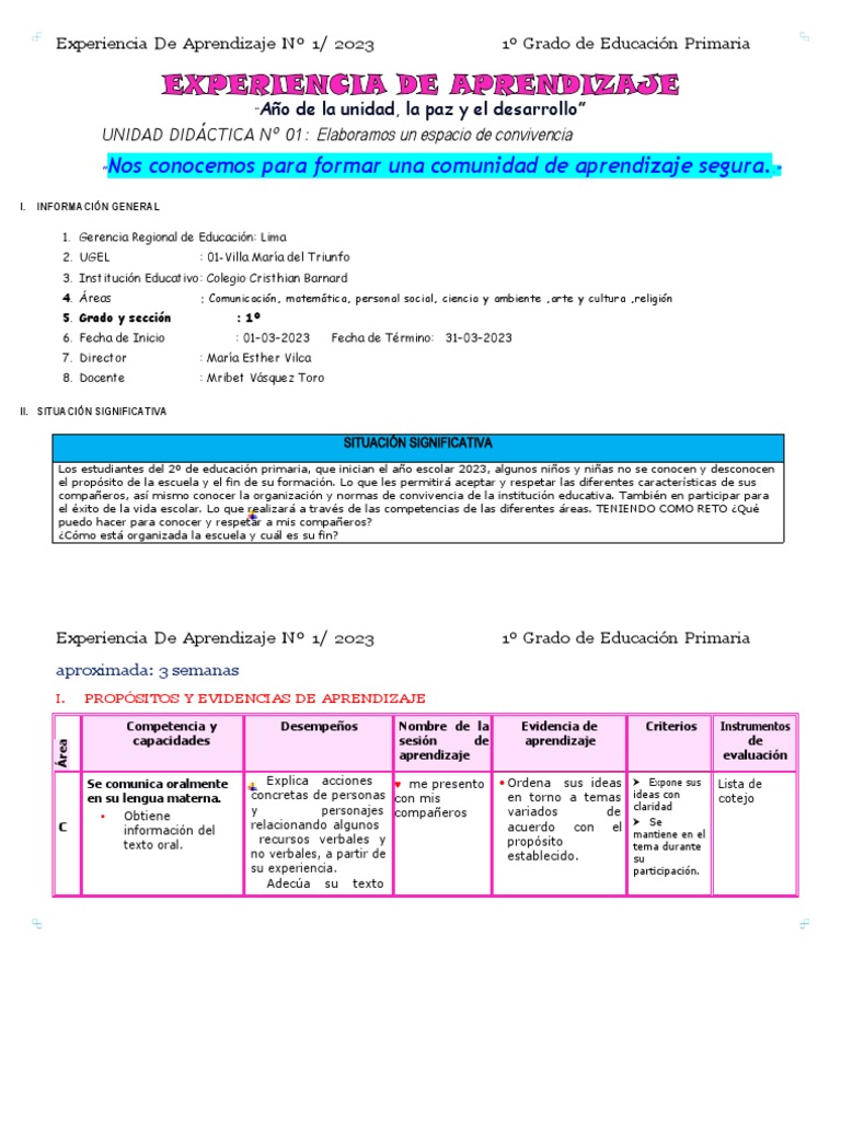 1 Marzo Experiencia De Aprendizaje Primer Grado Pdf