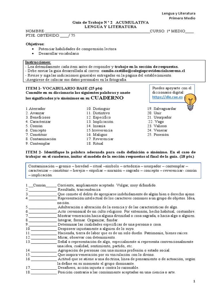 Guía de Trabajo VOCABULARIO | PDF