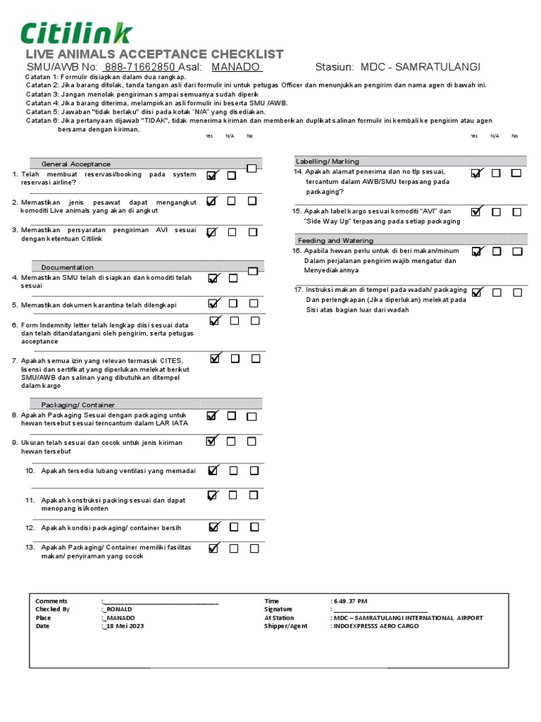 CHECKLIST ANIMAL CITILINK Kosong | PDF