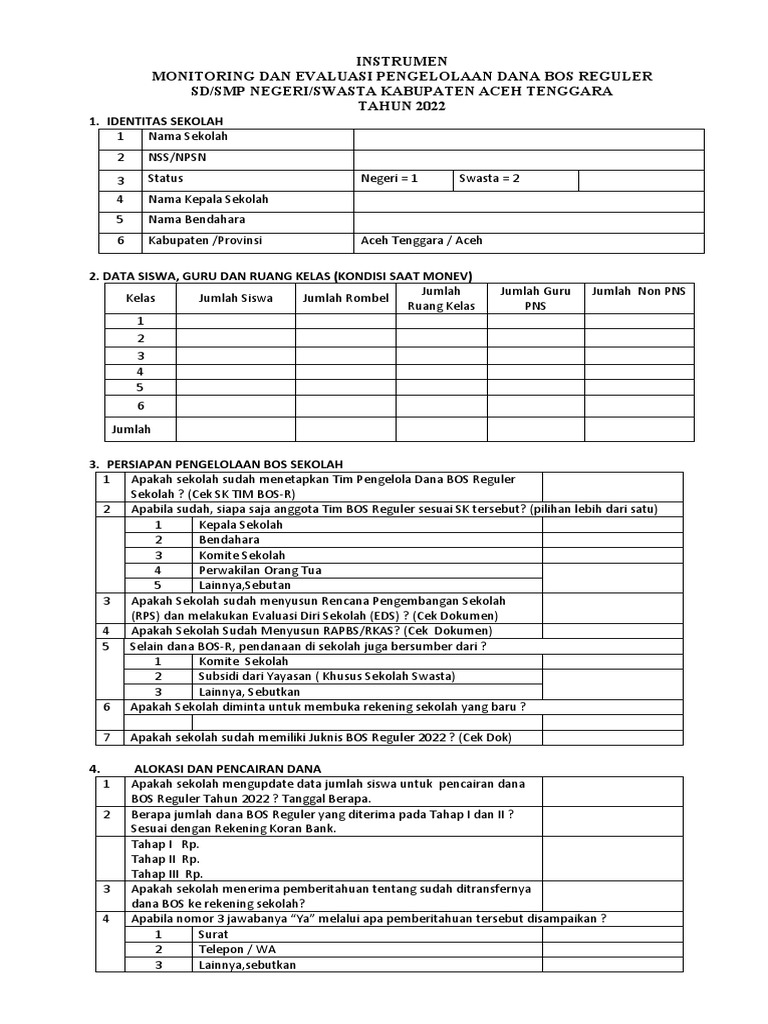 Instrumen Monev BOS 2023 | PDF