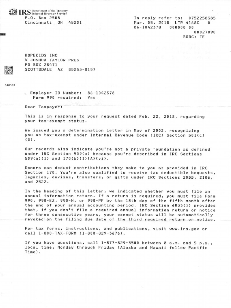 HopeKids 501c3 Affirmation Letter | PDF
