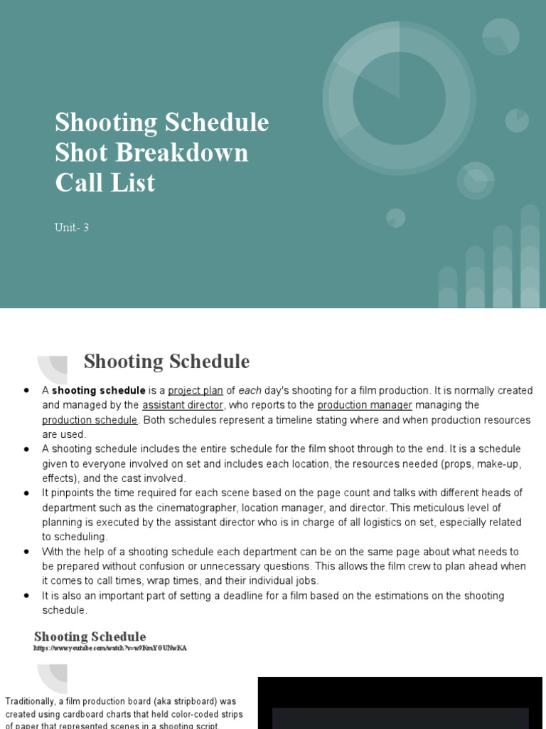 Shooting Schedule Shot Breakdown Call List | PDF | Filmmaking