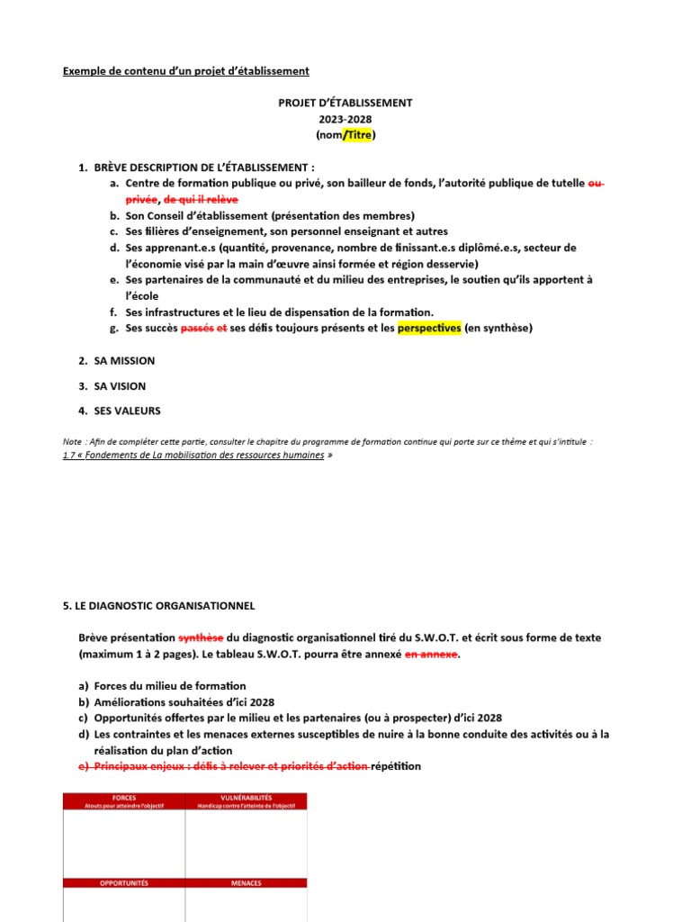 Cahier Projet D'établissement | PDF