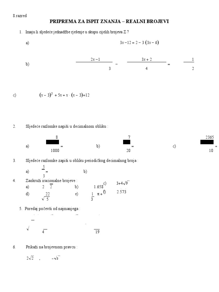 Priprema Za Ispit Znanja Realni Brojevi1 | PDF