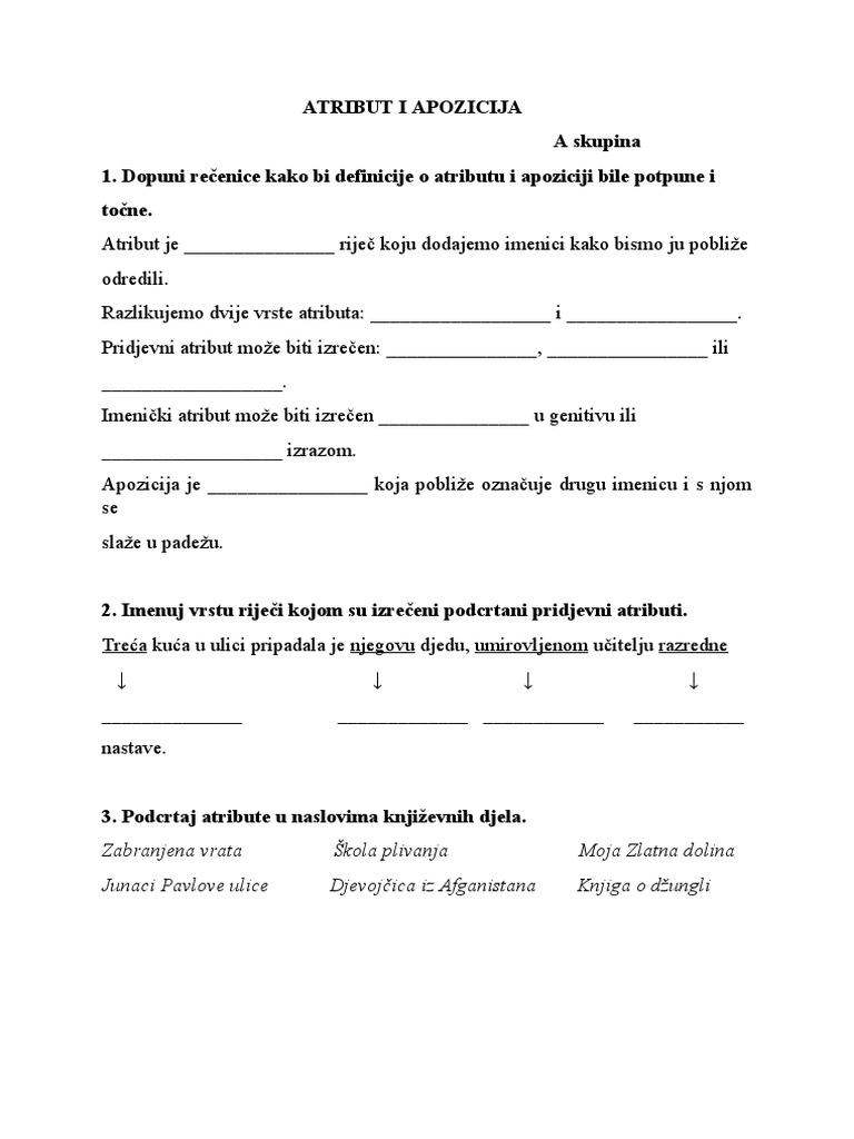Atribut I Apozicija - Listić Za Vježbu - Redoviti Program | PDF