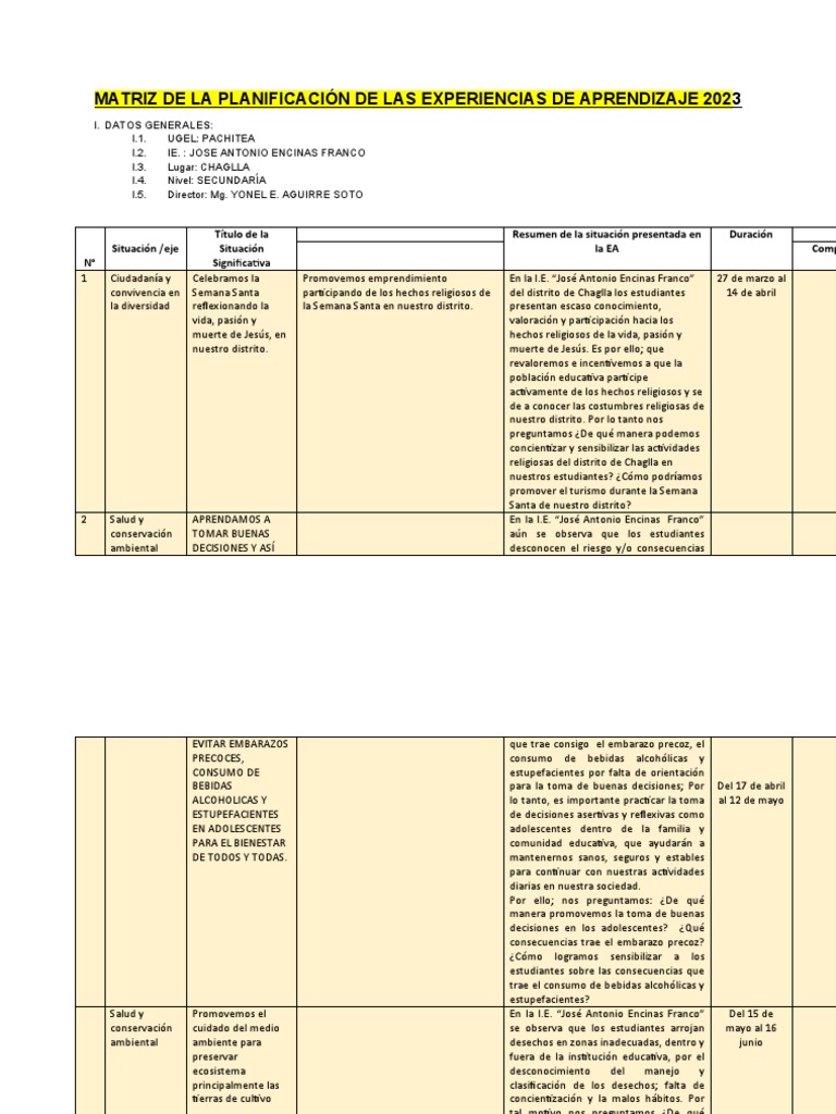 Matriz de La Planificación de Las Experiencias de Aprendizaje 2023 | PDF | Alimentos
