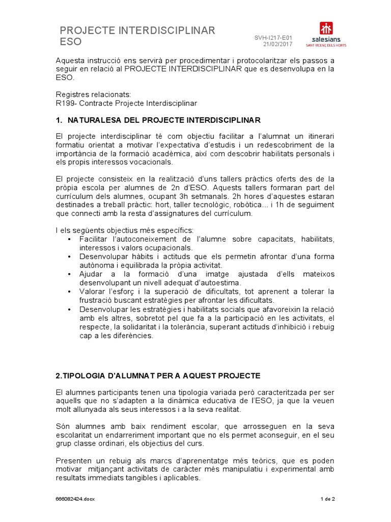 SVH-I217T - E01 Projecte Interdisciplinar ESO | PDF