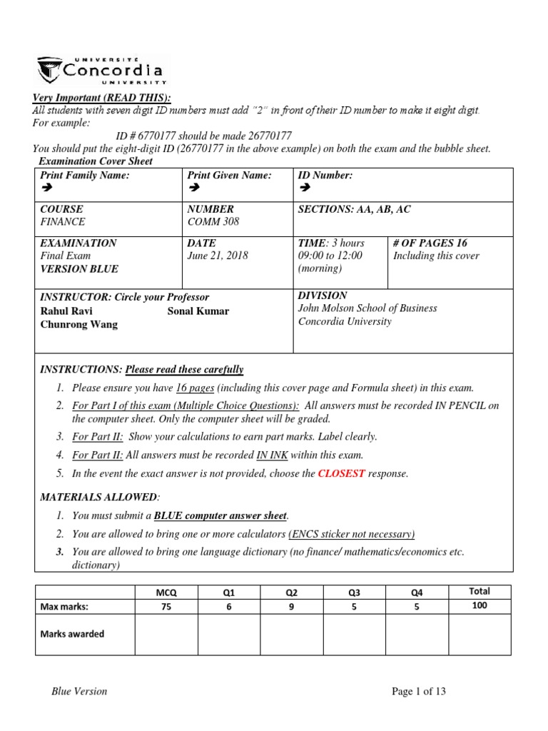 33 Comm 308 Final Exam (Summer 1 2018) Solutions | PDF | Bonds (Finance ... 33 Comm 308 Final Exam (Summer 1 2018) Solutions | PDF | Bonds (Finance ...