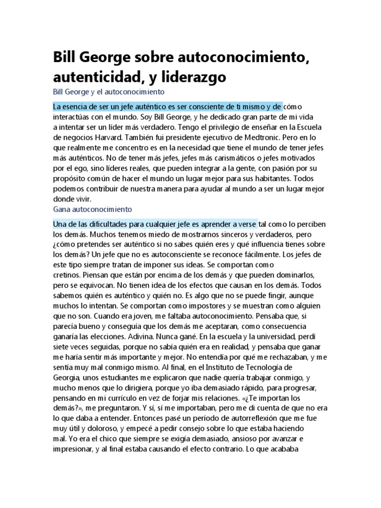 Bill George Sobre Autoconocimiento | PDF | Liderazgo | Verdad