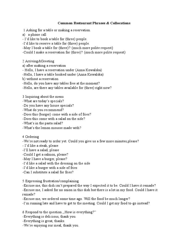 Essential Restaurant Phrases Guide | PDF | Language Arts & Discipline ...