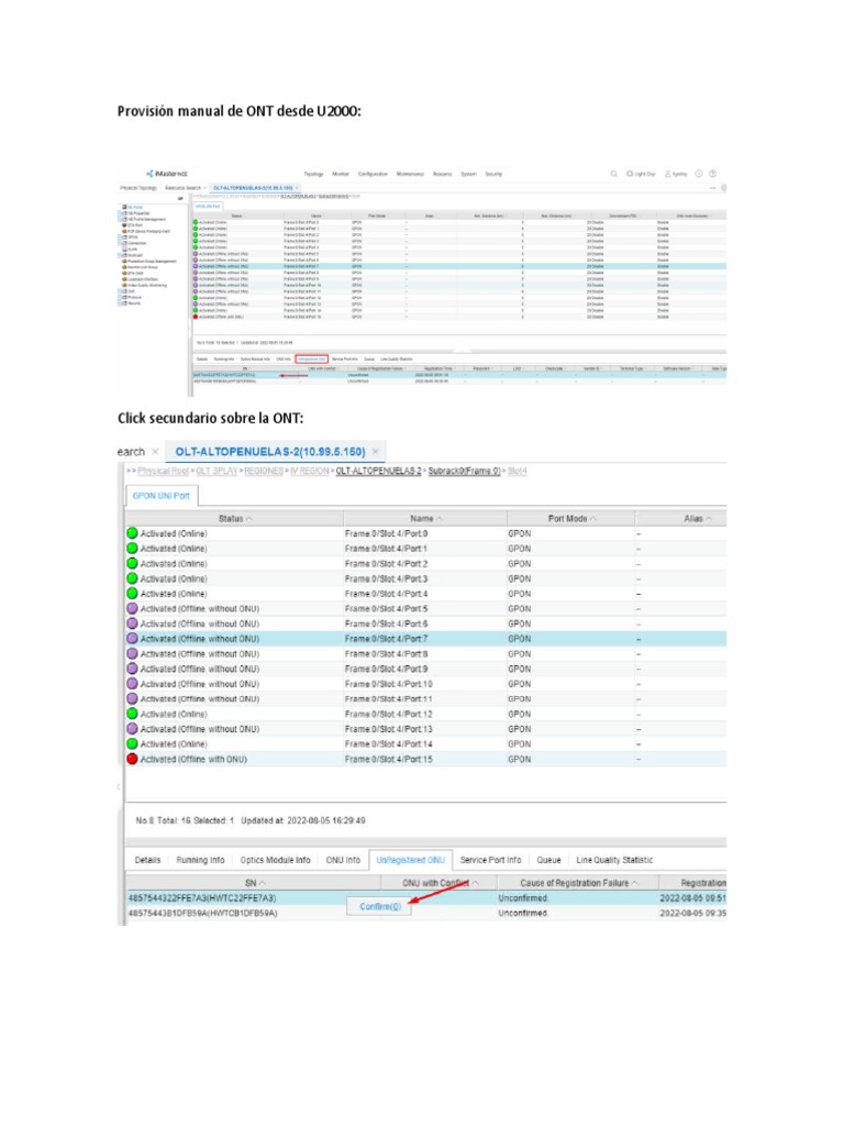 Configuración Manual de ONT en U2000 | PDF