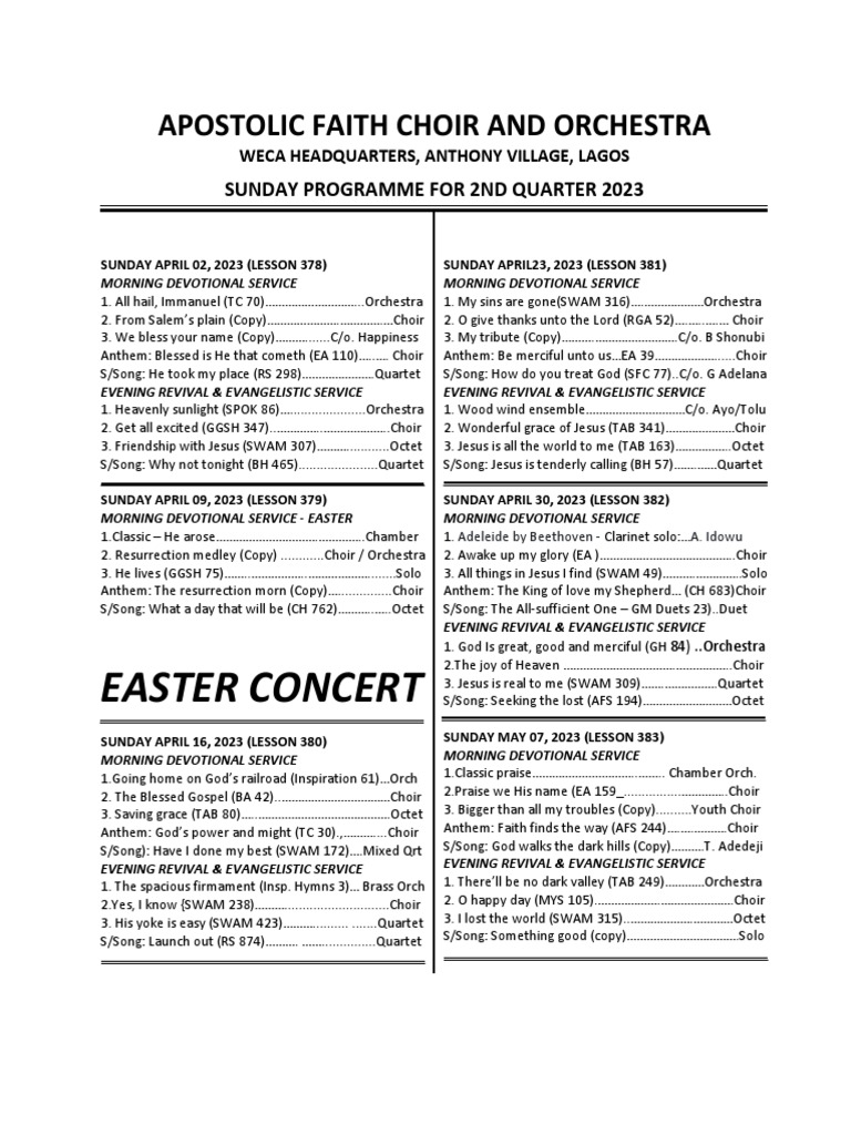 Modified Sunday Programme For 2ND Quarter 2023 | PDF