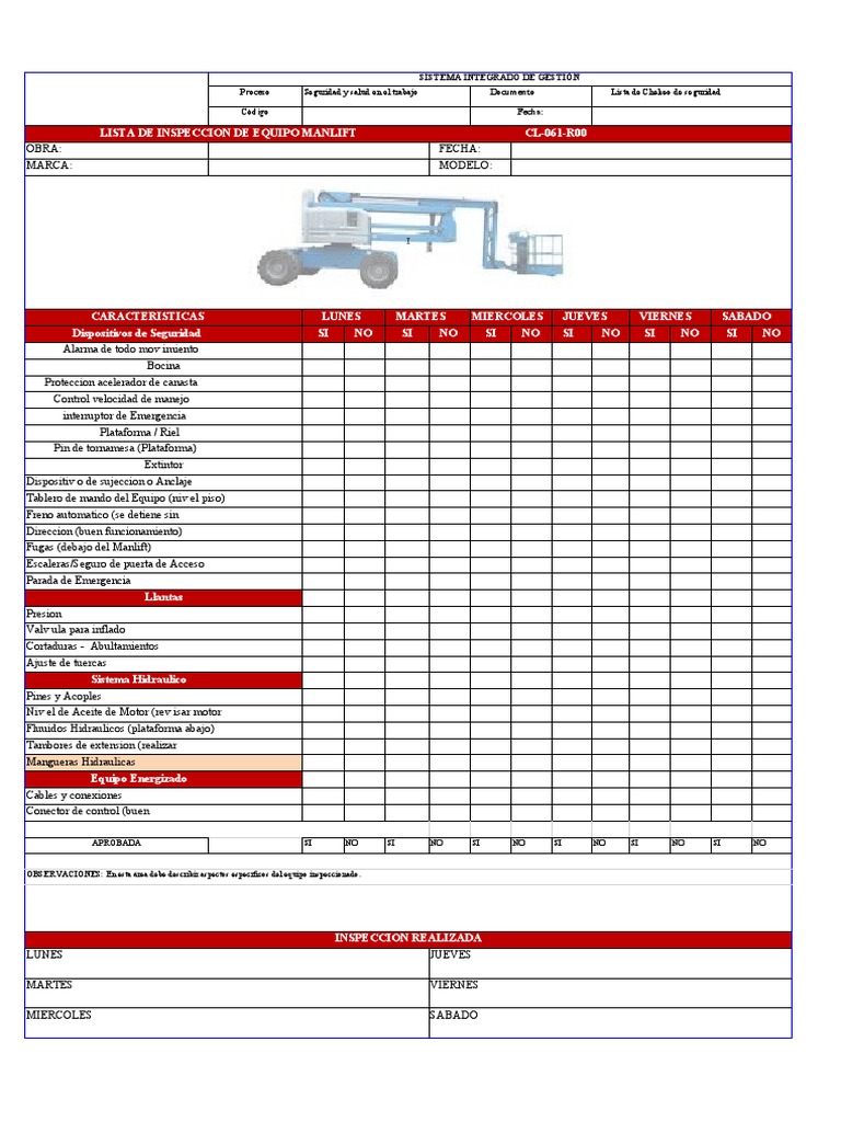 Check List de Manlift | PDF | Transporte | Estilos de carrocería