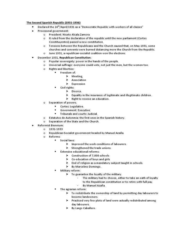 The Second Spanish Republic and Civil War Summaries | PDF