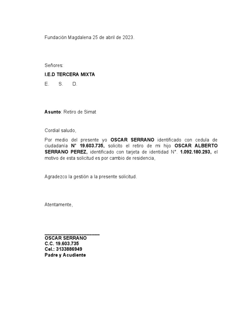 Carta Solicitud de Retiro Del SIMAT | PDF