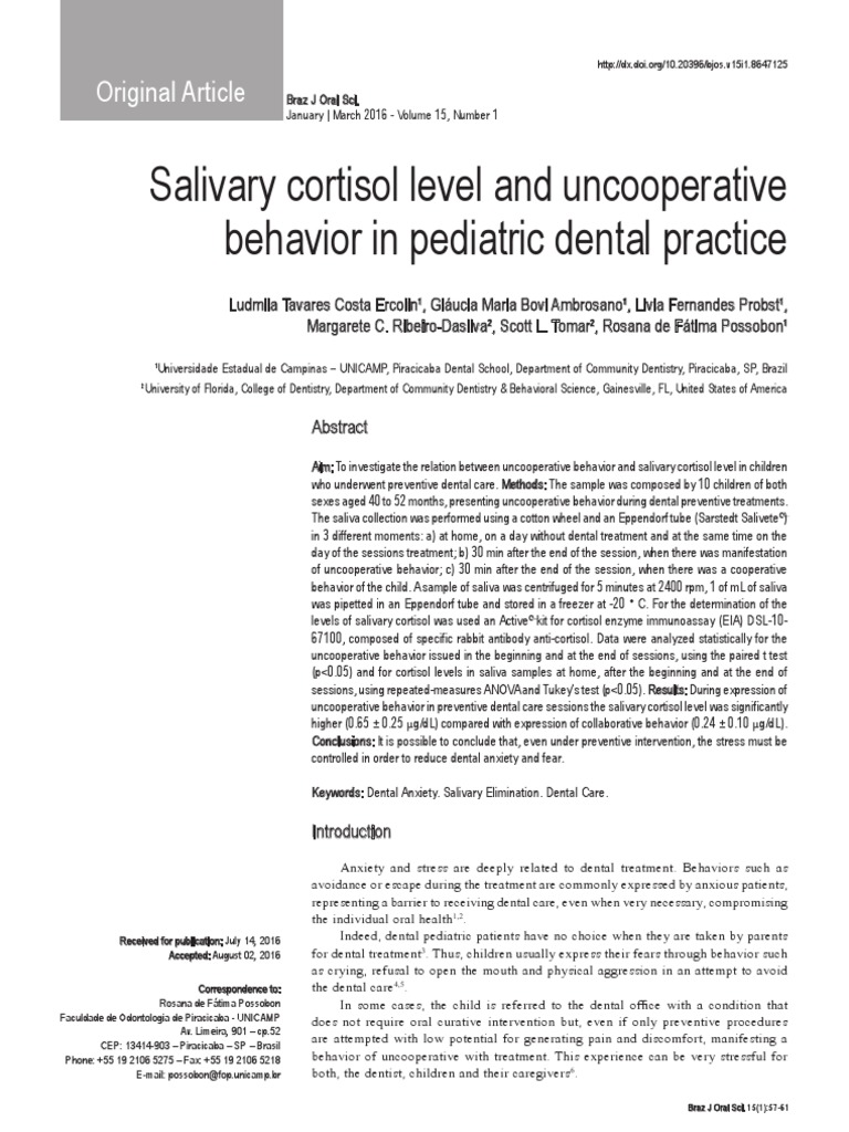 Salivary Cortisol Level and Uncooperative Behavior in Pediatric Dental ...