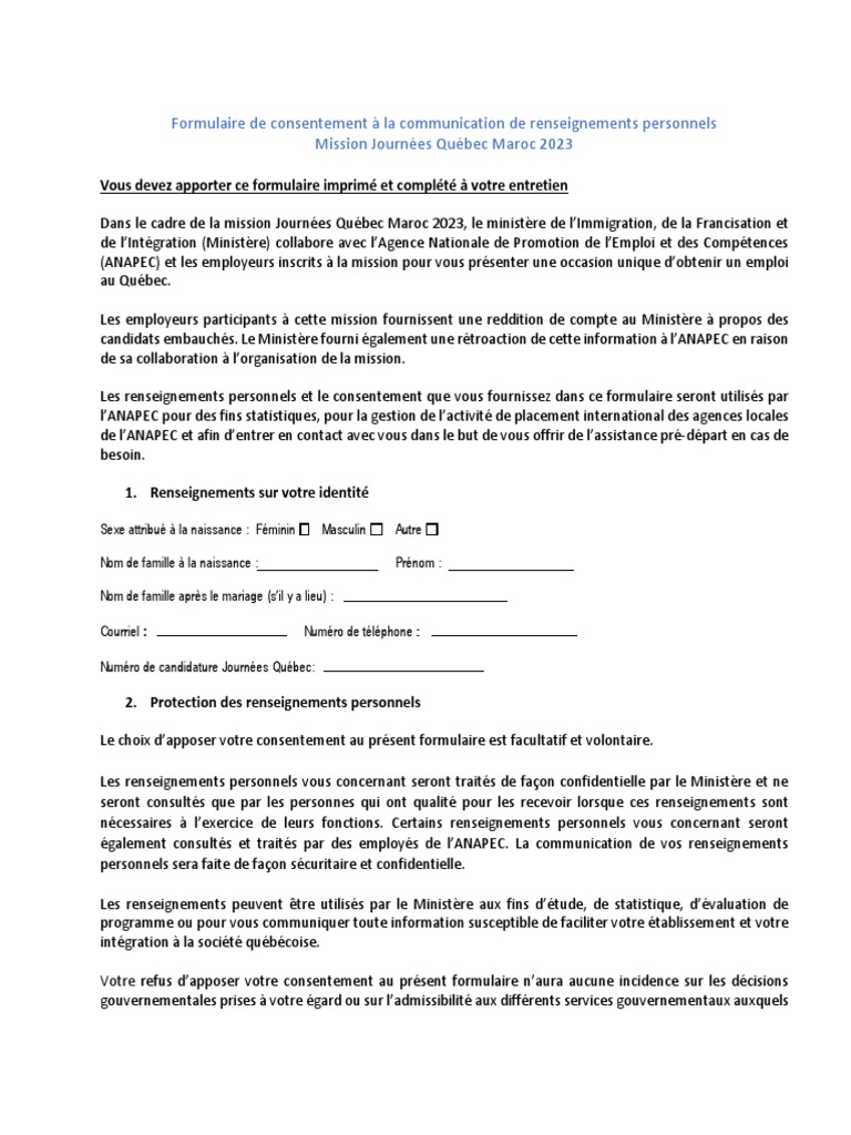 FOR Consentement Communication Renseignements Personnels Maroc | PDF