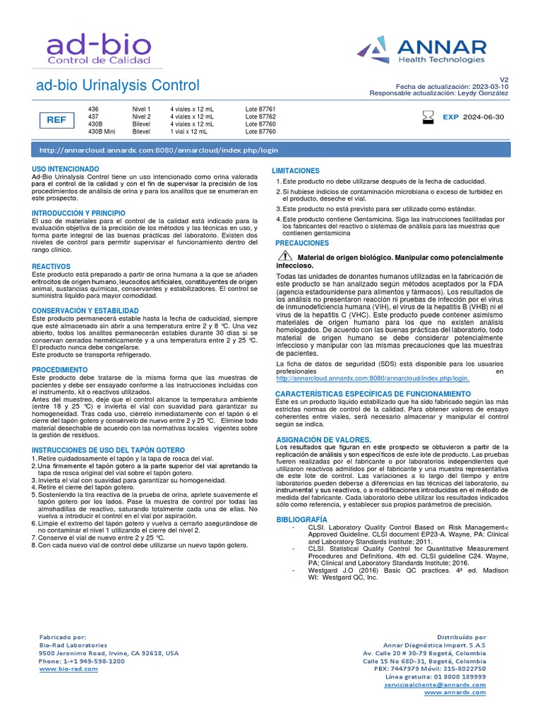 436 Ad-Bio Urinalysis Control Level 1 Lote 87761 V2 20230310 | PDF | Laboratorios | Virus