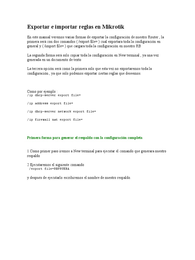 Exportar e Importar Reglas en Mikrotik | PDF