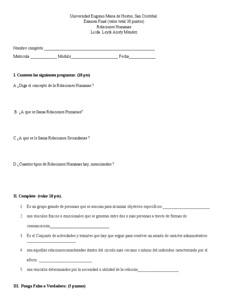Examen Final Relaciones Humanas | PDF