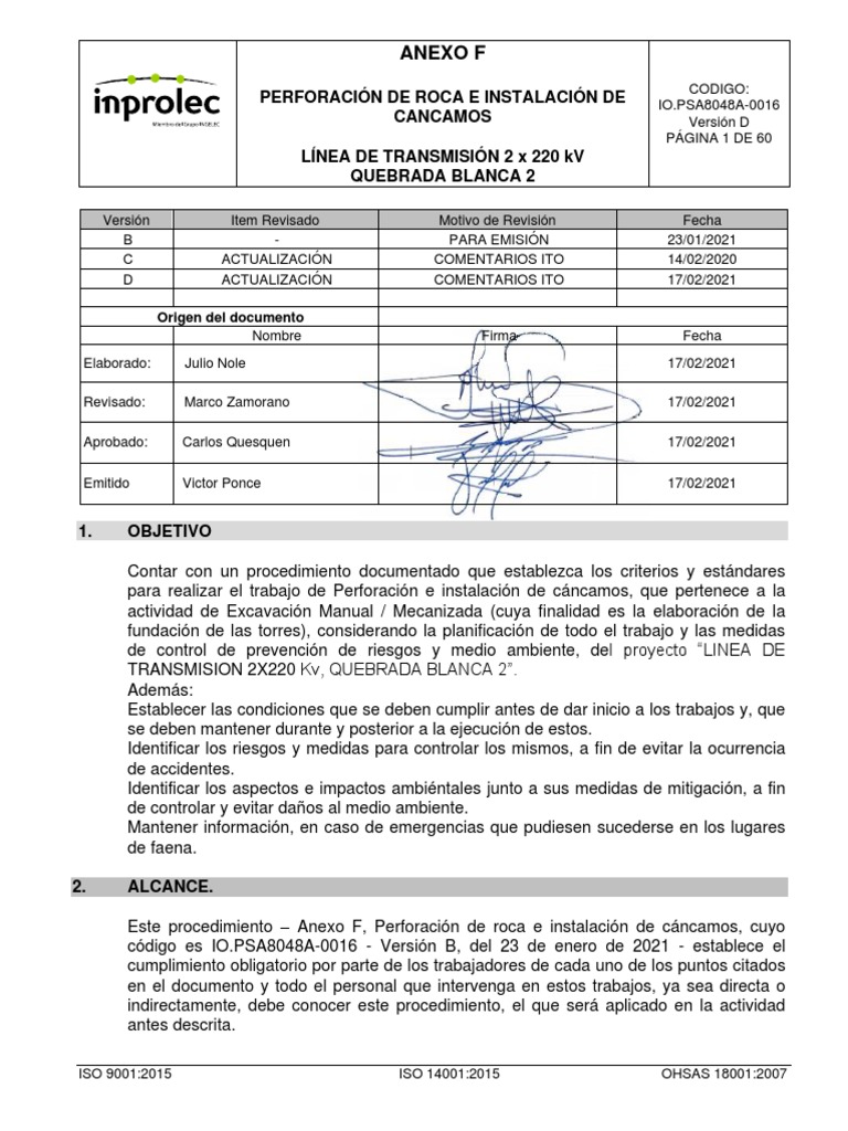 Anexo F Perforación en Roca e Instalación de Cancamos Versión D | PDF ...