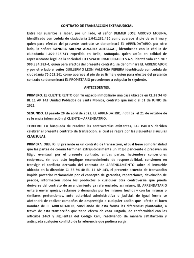 Contrato de Transacción Extrajudicial | PDF | Negocios | Derecho