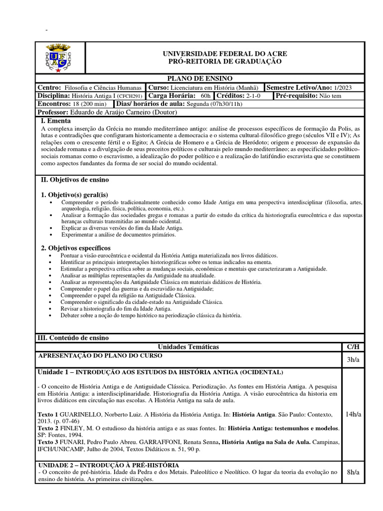 Plano De Curso Corrigido História Antiga Licenciatura Manha 2 2023