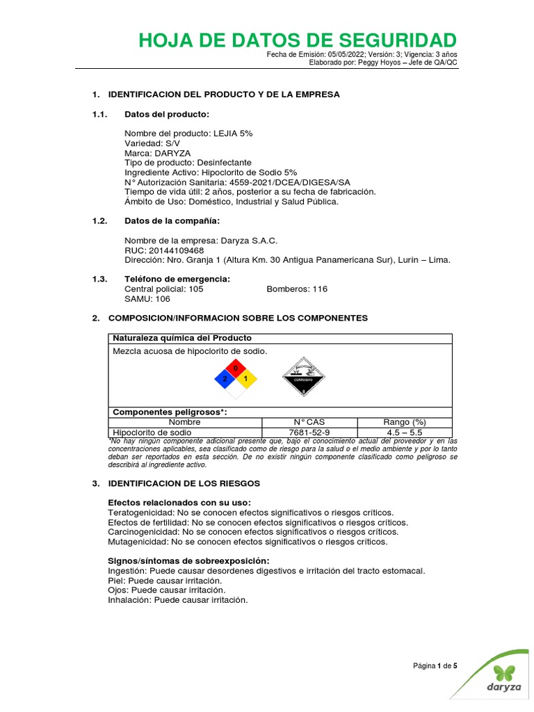 Hoja Seguridad Lejía 5% Daryza | PDF | Reciclaje | Blanqueador