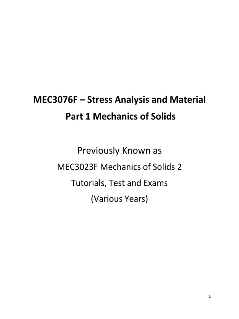 MEC3076F - Stress Analysis and Materials (Part 1 Mechanics of Solids) | PDF | Stress–Strain ...