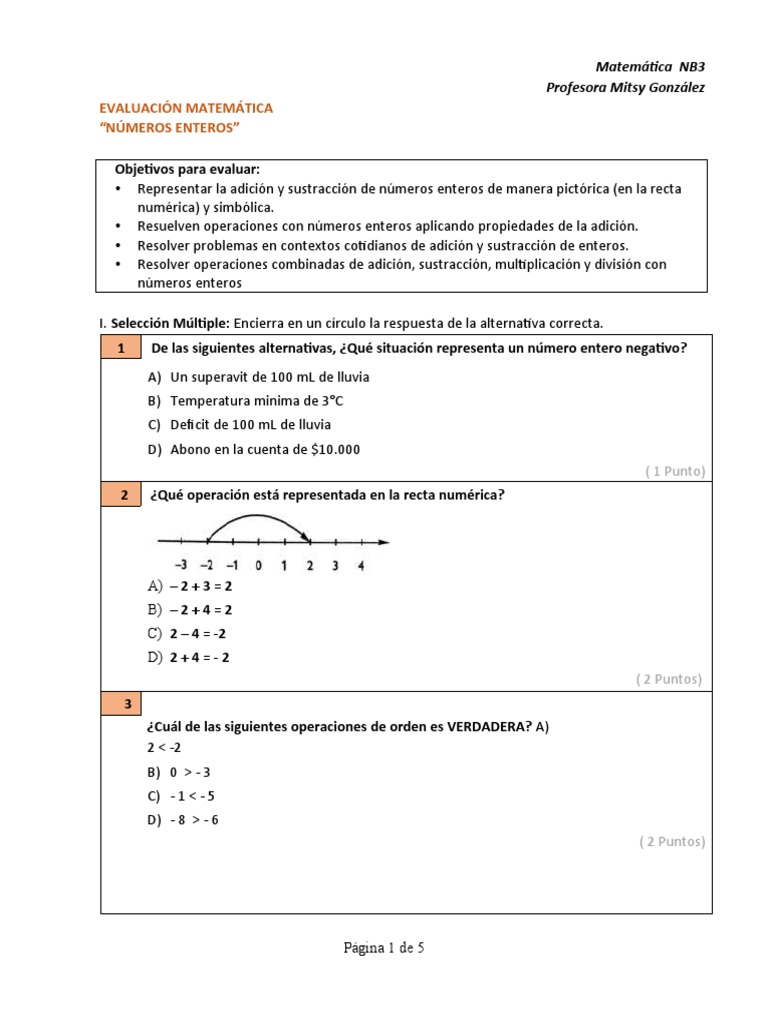 Evaluación Operatoria de Numeros Enteros NB3 | PDF | Entero | Matemáticas