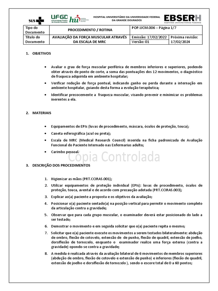 Portaria 26 - Pop - Ucm.006. Avaliacao Da Forca Muscular Atraves Da Escala de Mrc. 2022 2024 ...