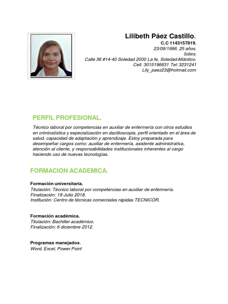 Hoja de Vida Lilibeth Paez Castillo | PDF | Enfermería | Cuidado de la ...