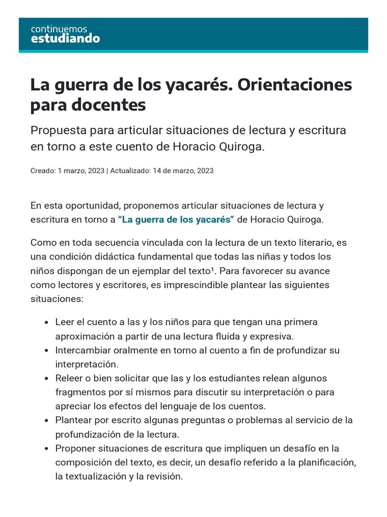 La Guerra de Los Yacares Orientaciones para Docentes Primaria Practicas ...