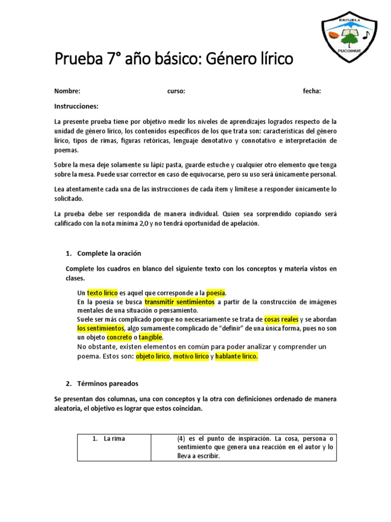 Prueba 7° Género Lírico Solución | PDF | Poesía