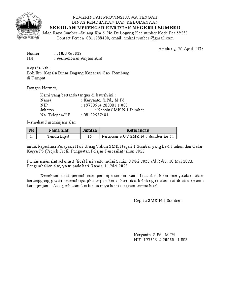 Surat Pinjam Alat | PDF