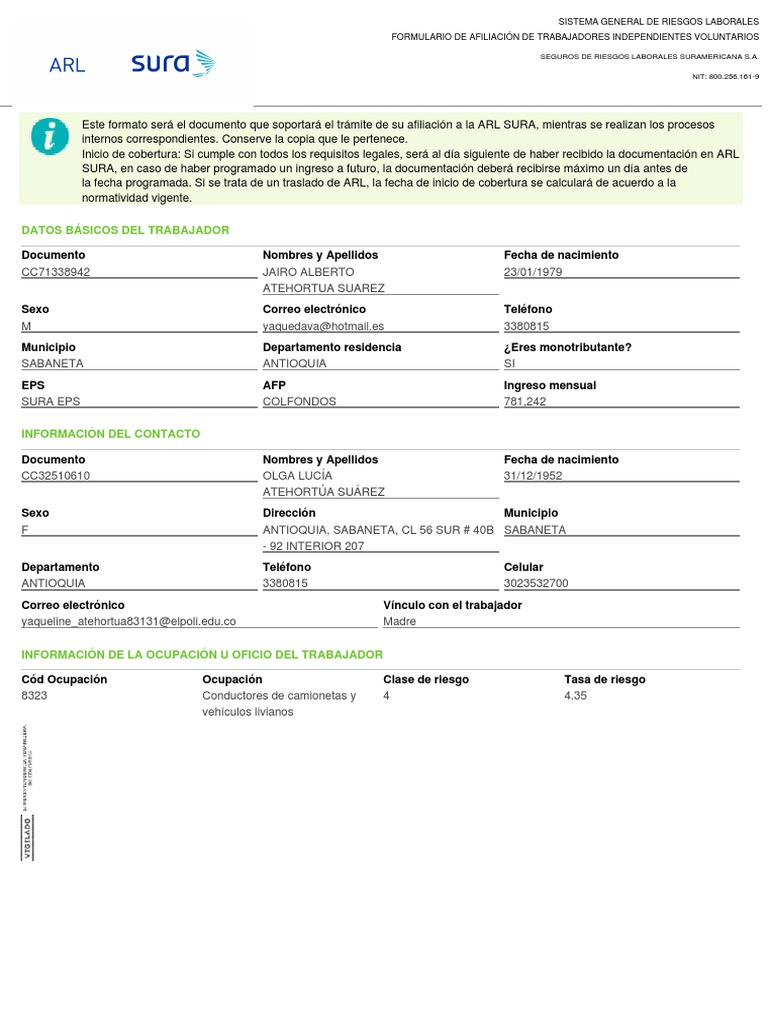 Formulario de Afiliación ARL SURA | PDF | Naturaleza