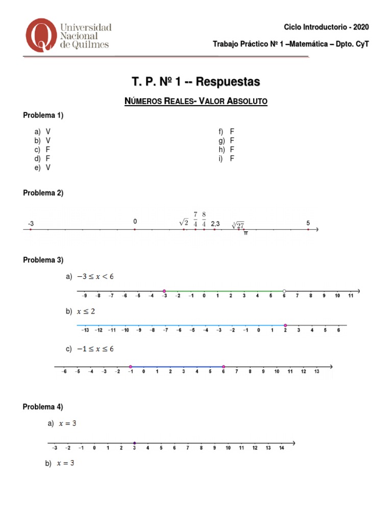 Respuestas T. P. 1 Números Reales - Valor Absoluto | PDF