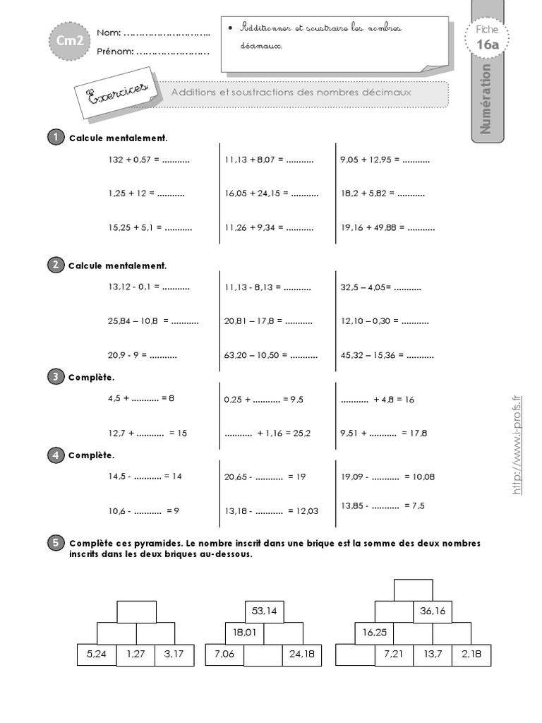 Évaluation Addition/Soustraction Décimaux CM2 | PDF