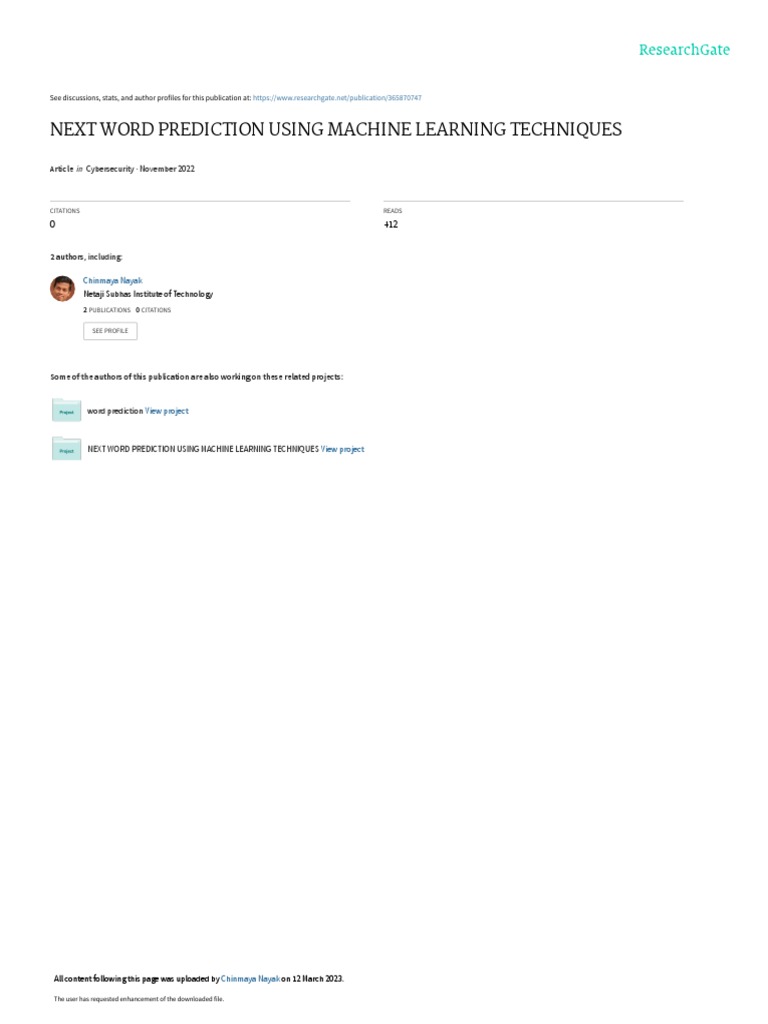 Next Word Prediction Using Machine Learning Techniques: Cybersecurity November 2022 | PDF ...