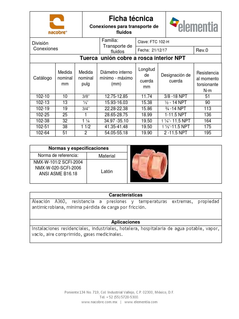 Ficha Tecnica Tuerca Union Cobre A Rosca Interior 102-H | PDF
