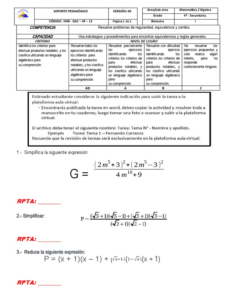 ST - CT 6 - Algebra - 4º Sec. | PDF