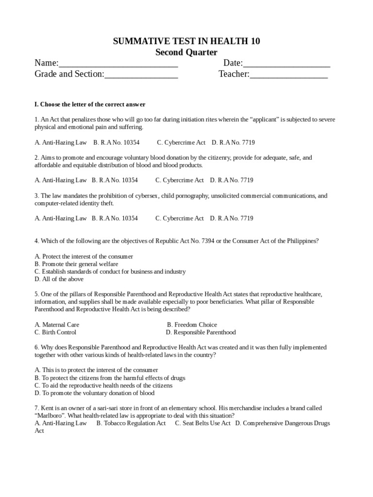 Summative Test (Health) | Download Free PDF | Health Care