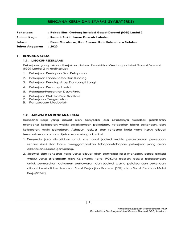 RKS Rehabilitasi Gedung Instalasi Gawat Darurat (Igd) Lantai 2 | PDF