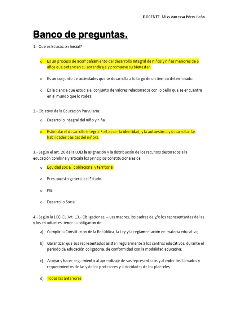 Bnco de Preguntas - Final | PDF | Educación de la primera infancia | Aprendizaje