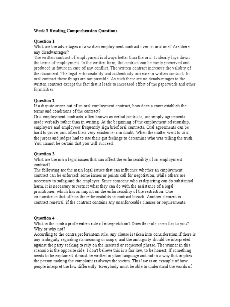 Week 3 Reading Comprehension Questions (Employment Contract and ...