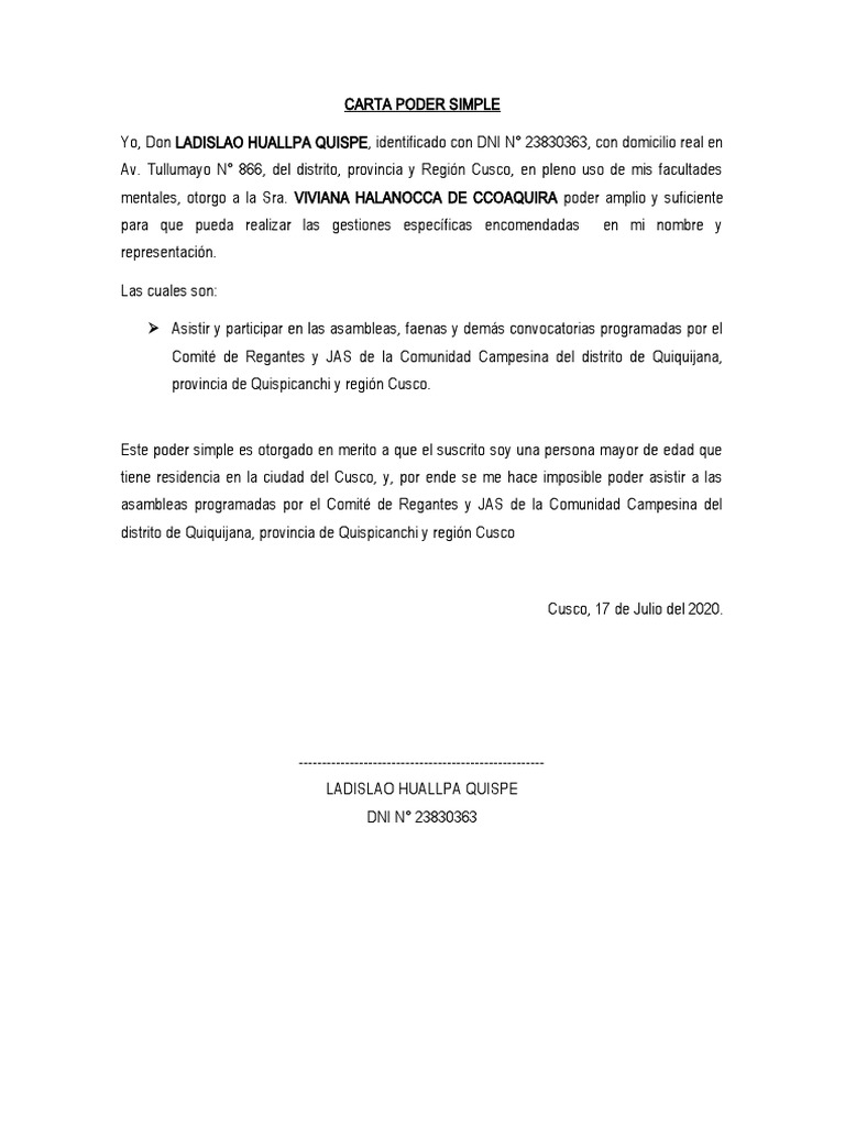 Carta Poder Simple para Representación en Cusco | PDF