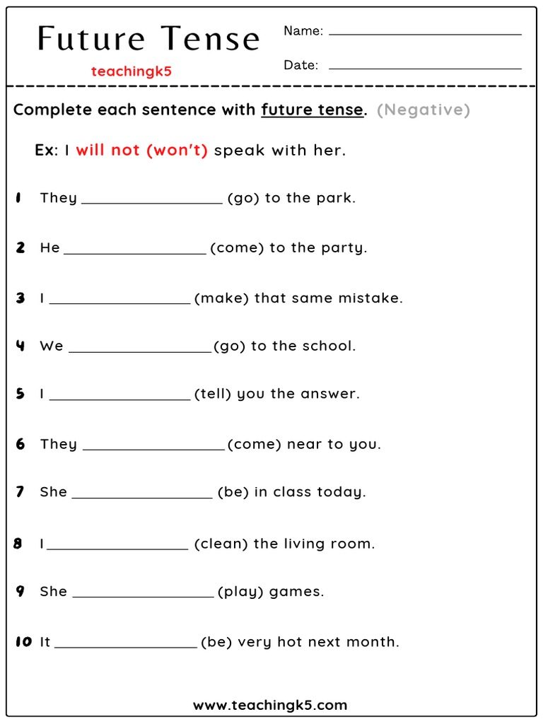 Simple Future Tense Negative Exercises | PDF | Games & Activities | Language Arts & Discipline