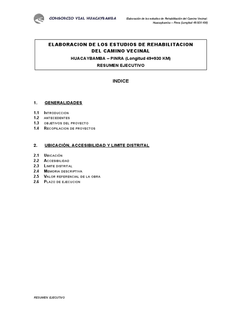 Resumen Ejecutivo Carretera Huacaybamba Pinra | PDF