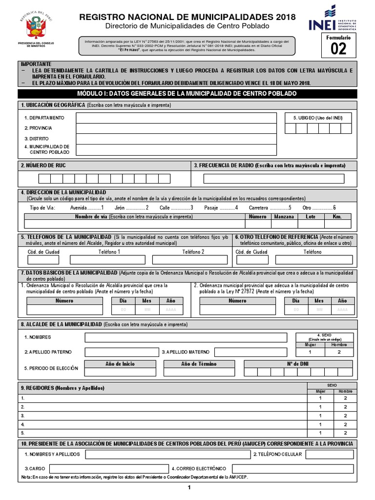 Formulario F02 RENAMU 2018 | PDF | Gobierno local