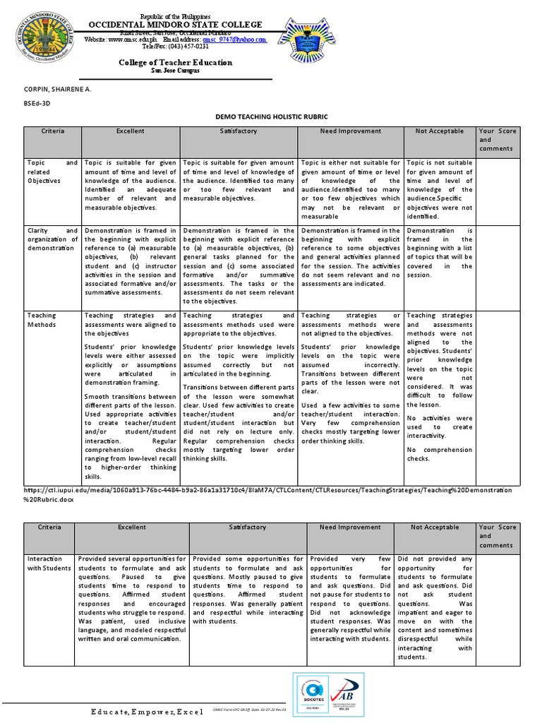 DEMO TEACHING ANALYTIC & HOLISTIC RUBRIC-NEW | PDF